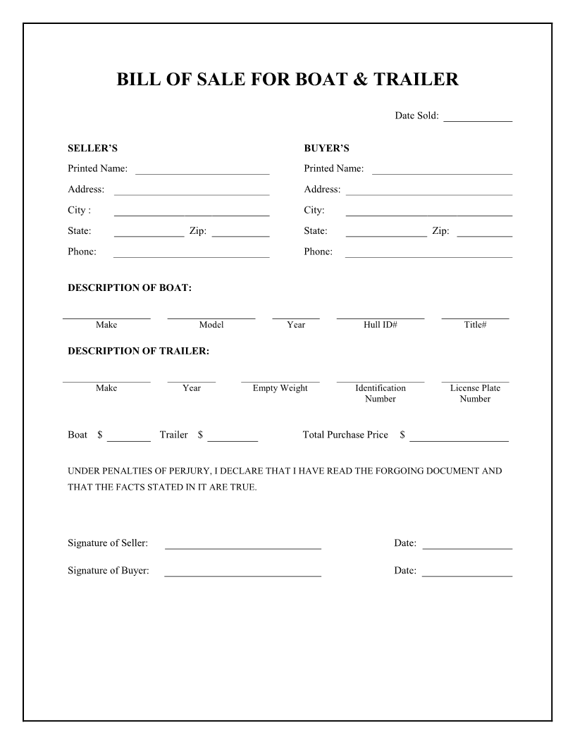 Free Boat Trailer Bill Of Sale Form Download PDF Word