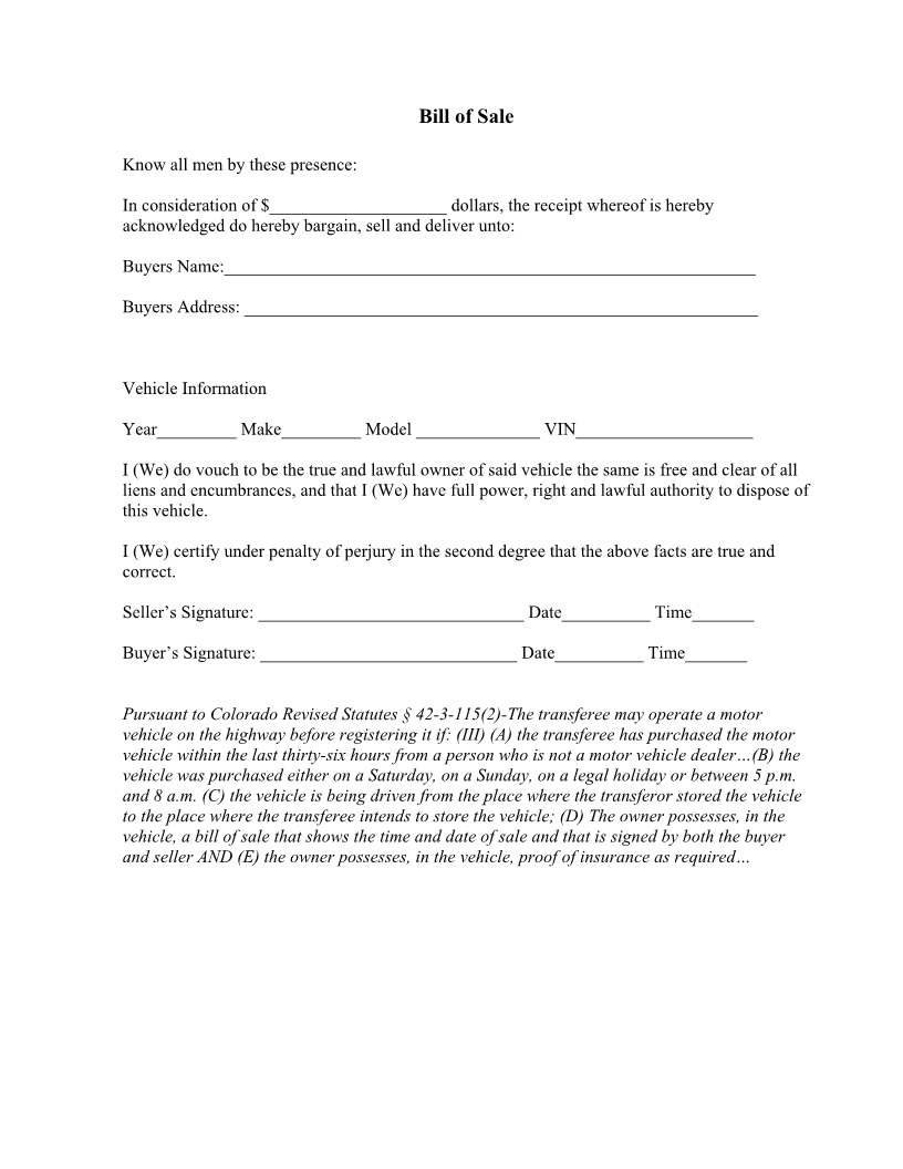 Free Colorado Vehicle Bill Of Sale Form Download PDF Word