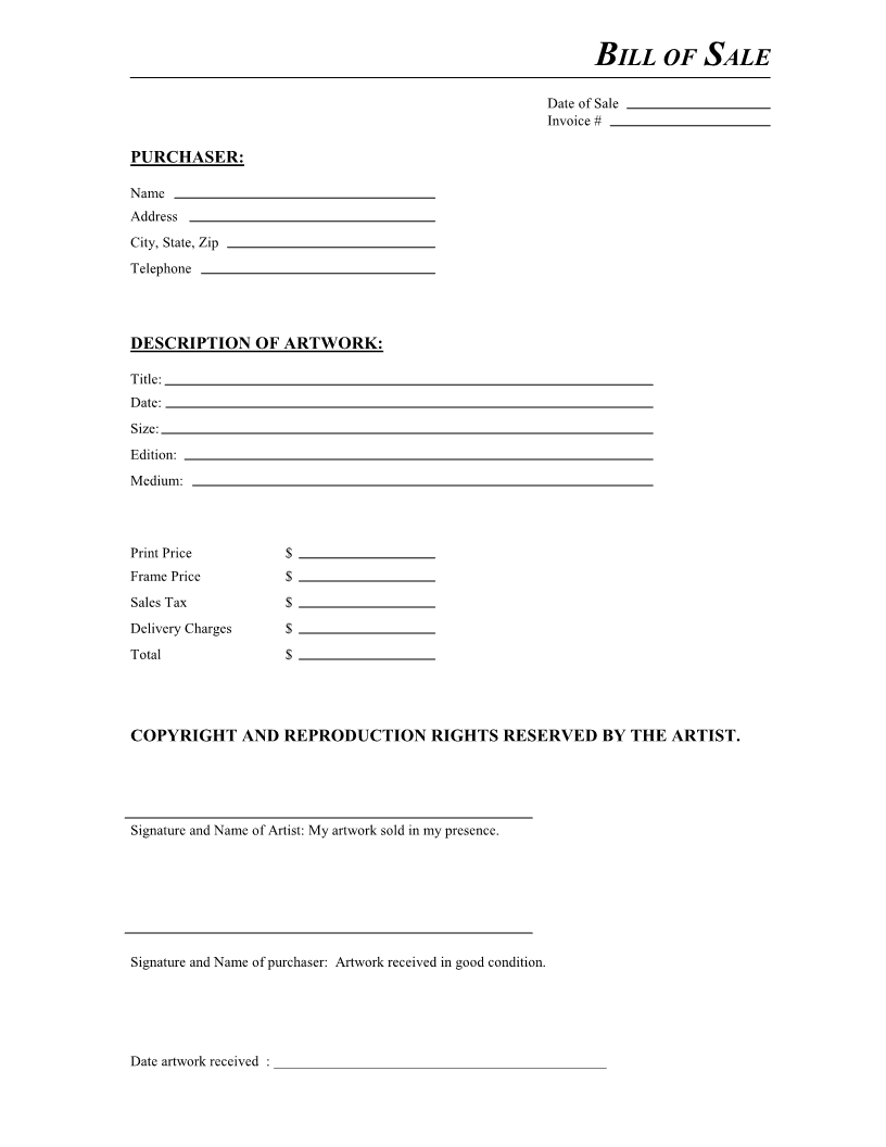 Free Artwork Bill Of Sale Form Download PDF Word